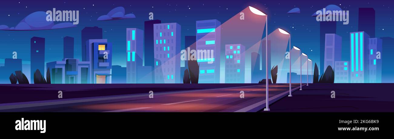 Car road with street lights and city buildings at night. Urban ...