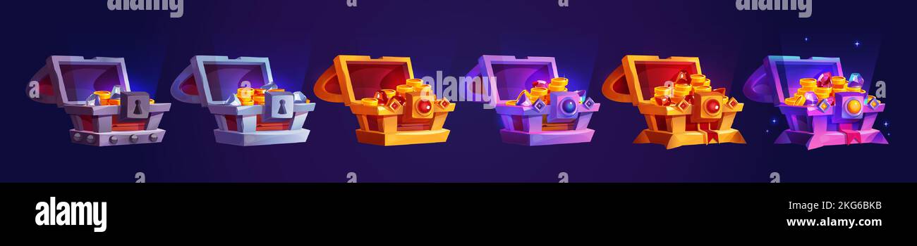 Game icons of treasure chests with pile of money and gems. Open fantasy ...