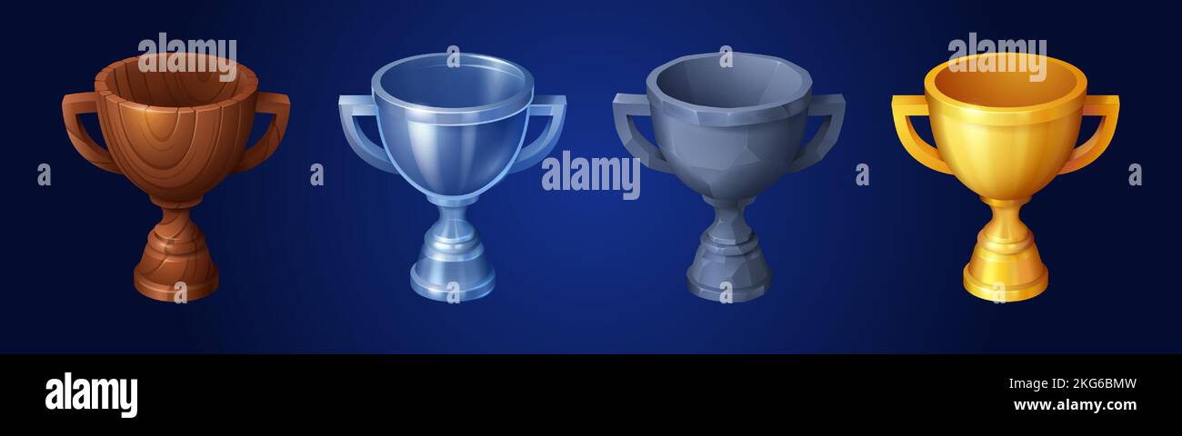 Set of winner cups made of wood, metal, stone and gold isolated on ...