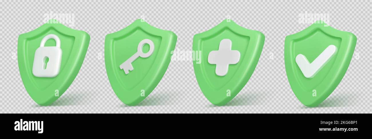 3d Render Shield With Padlock Key Cross And Tick Sign Concept Of