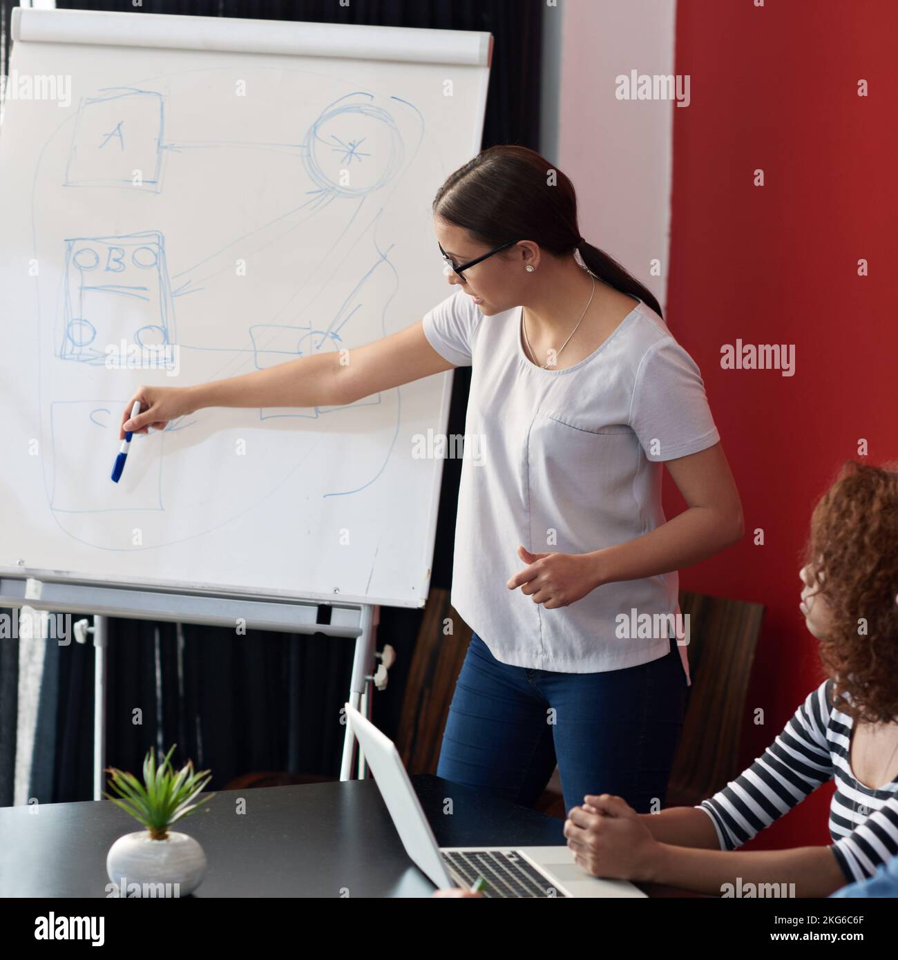 Demonstrating company dynamics. a woman giving a presentation to a ...
