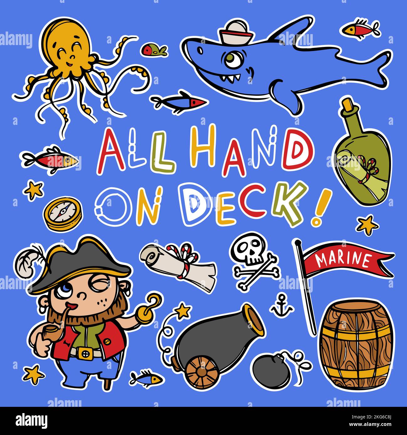 CAPTAIN HOOK AND SHARK Skull And Barrel Hand Drawn Text Cartoon Pirate ...