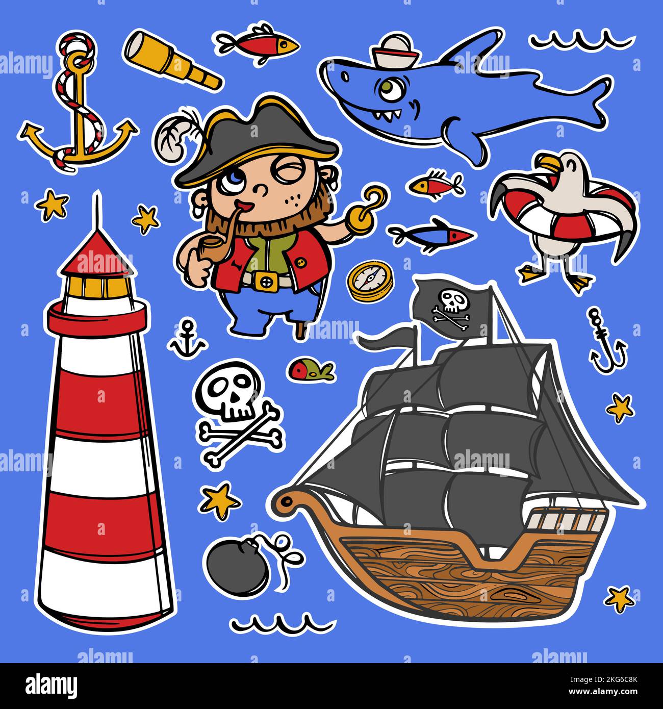 CAPTAIN HOOK AND LIGHTHOUSE Pirate Sailboat With Black Sails Hand Drawn ...