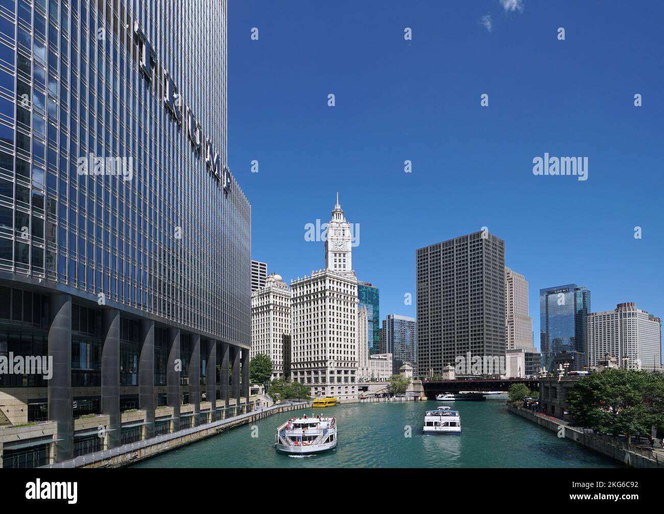 Chicago, USA - August 2022: Tour boats on the Chicago River are a ...