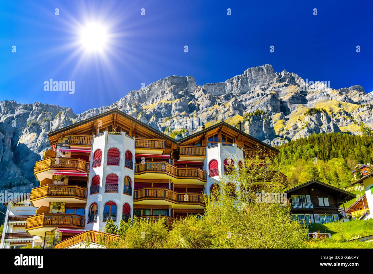 Chalet and hotels in swiss village in Alps, Leukerbad, Leuk, Visp ...