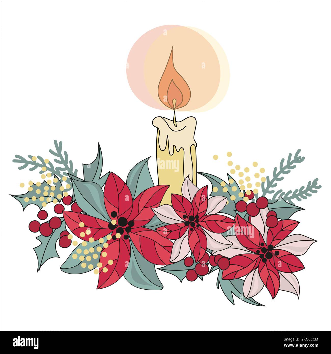 CANDLE Merry Christmas New Year Flower Bouquet Holiday Cartoon Vector ...
