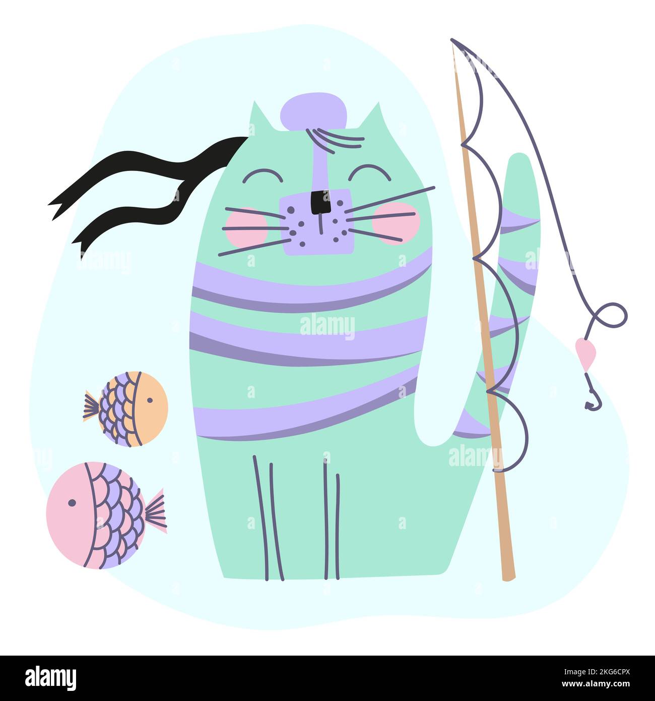 CAT FISHER Comic Animal Cartoon Funny Vector Illustration Set For Print ...