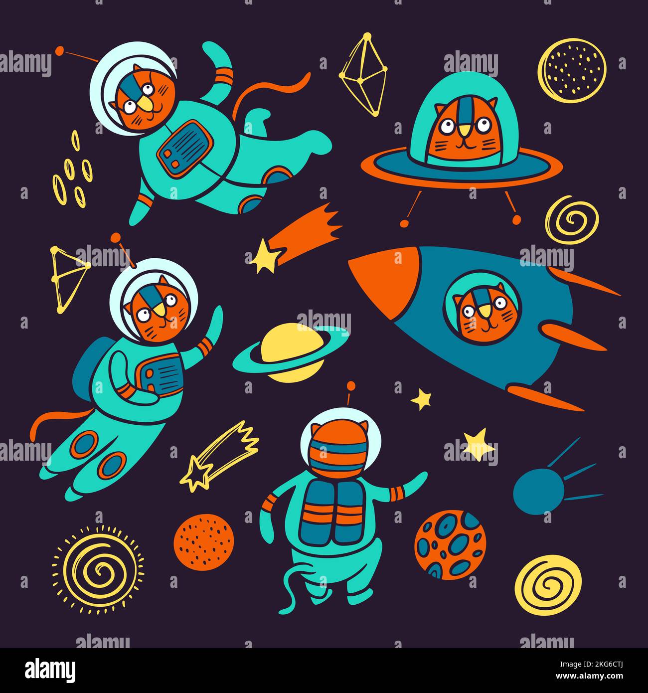 CAT SPACE Cute Cosmic Traveling Animal In Spacesuit And In Rocket Among ...