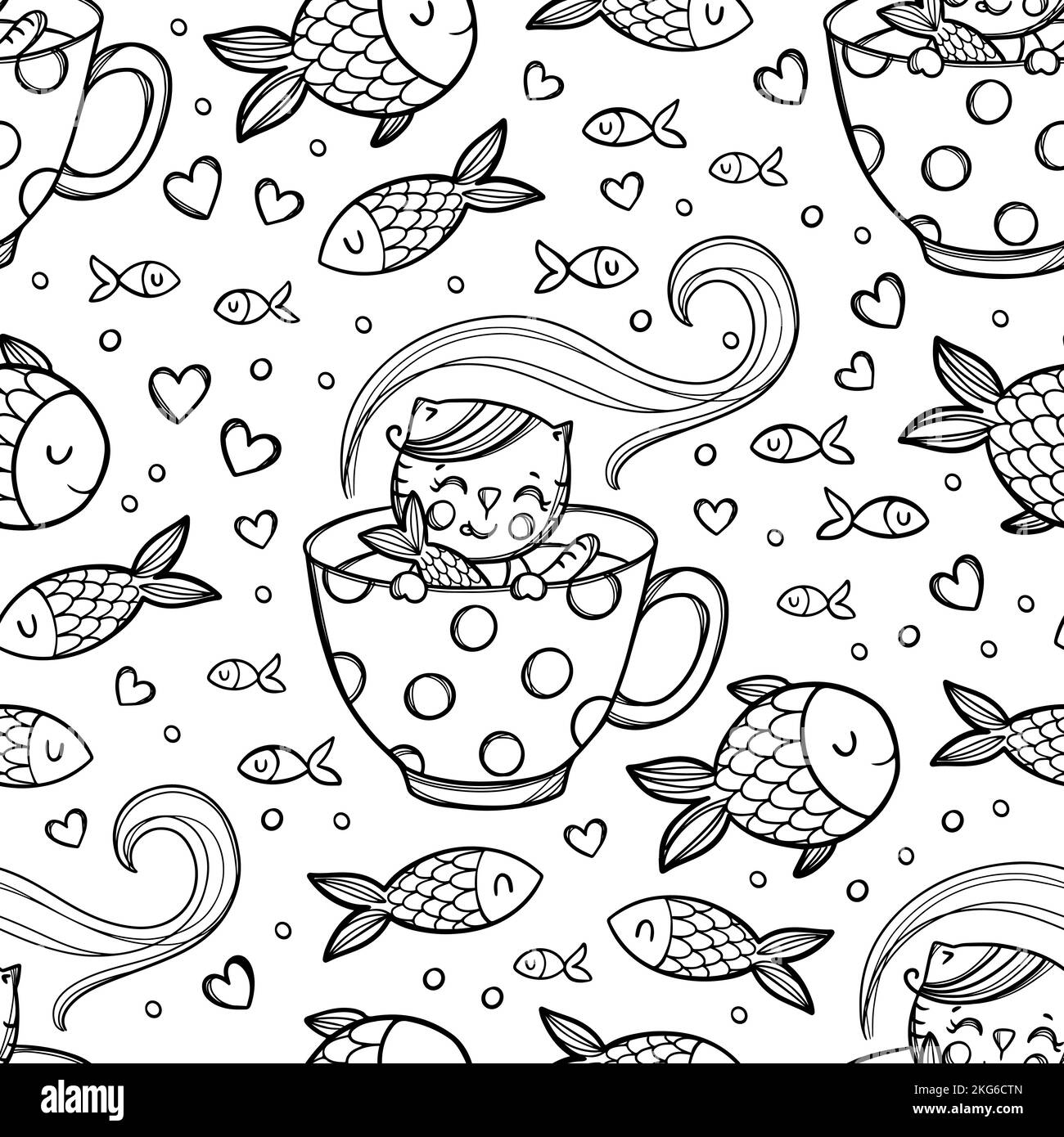 CAT LOVE FISH Cute Kitten Caught Fish In Cup With Hot Drink Among ...