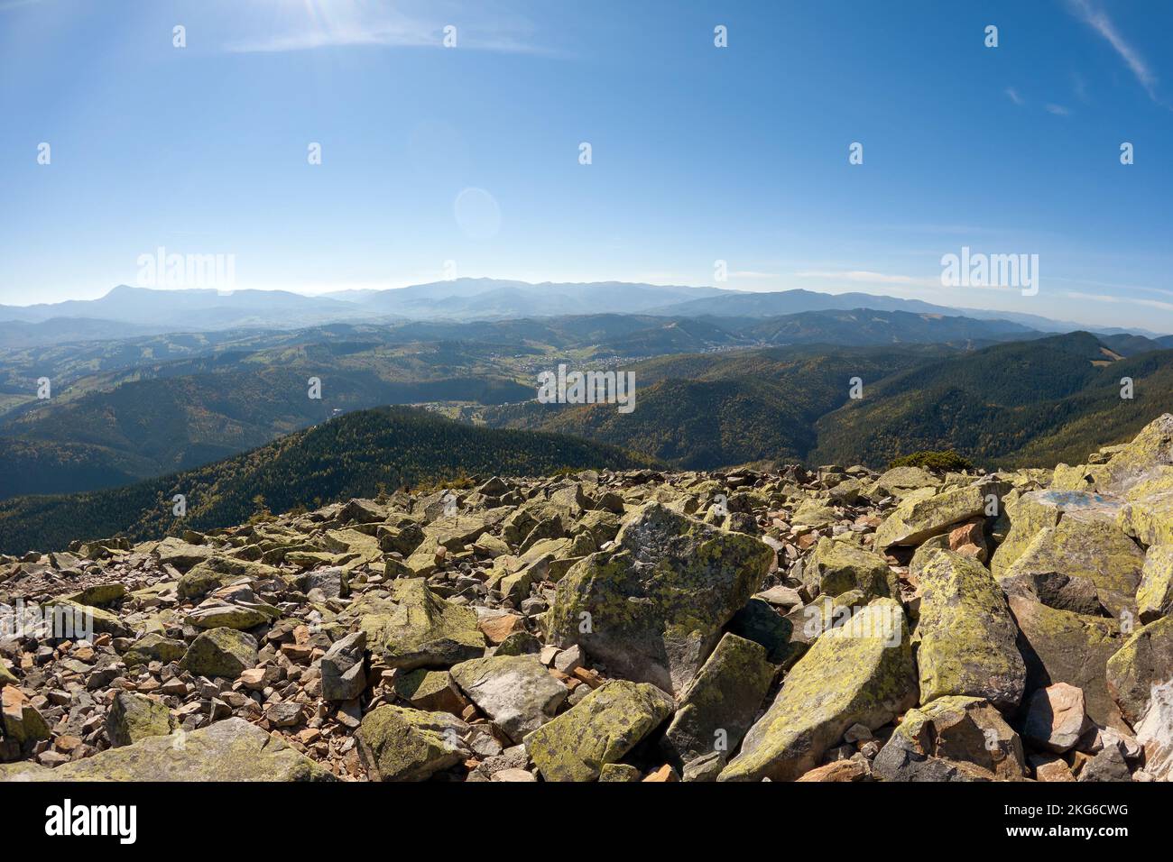 Rocky mountain hillside with big stone boulders on sunny day Stock ...