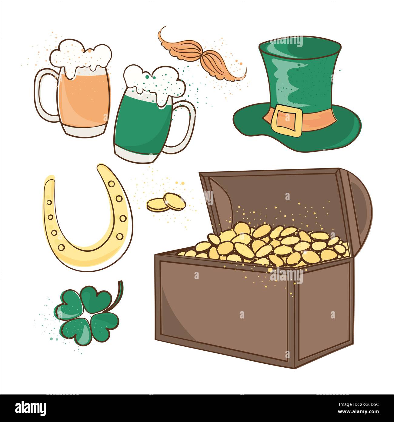Chest Of Gold Saint Patrick Day Cartoon Vector Illustration Set For