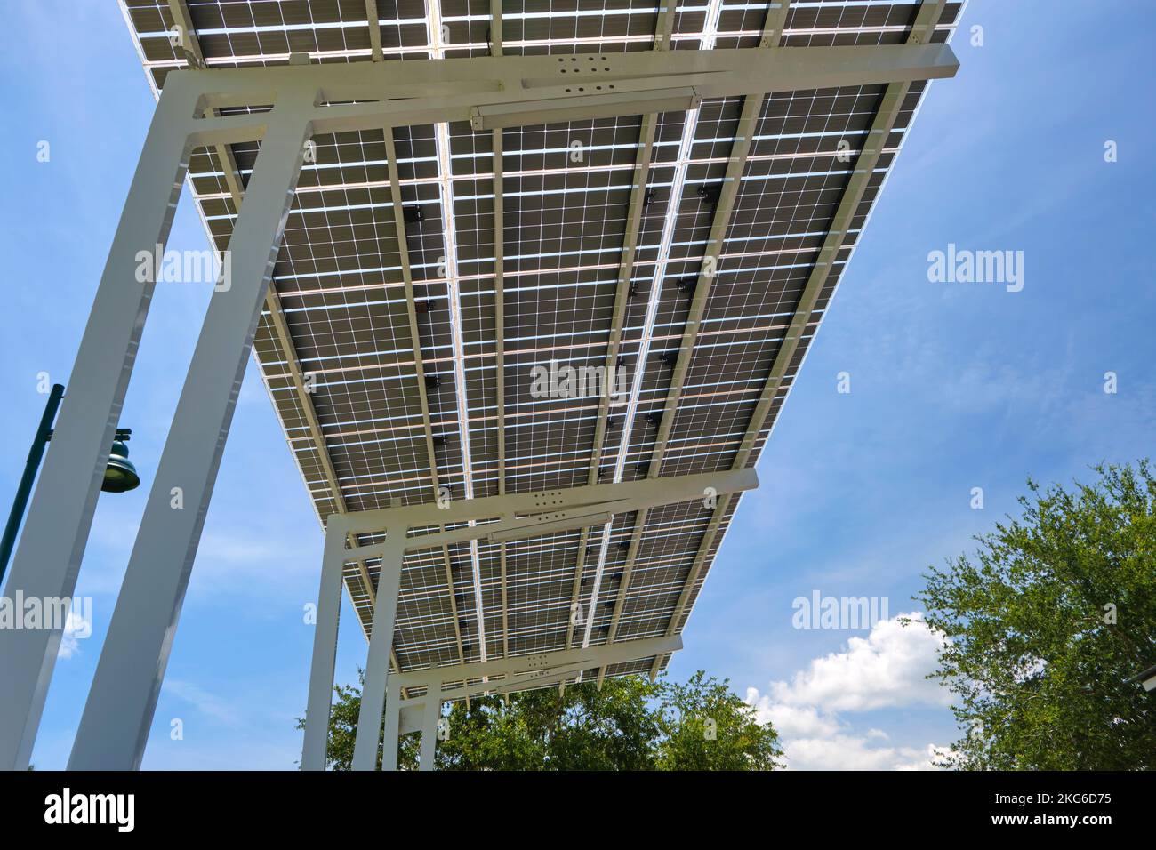Solar panels installed over parking lot canopy shade for parked cars ...