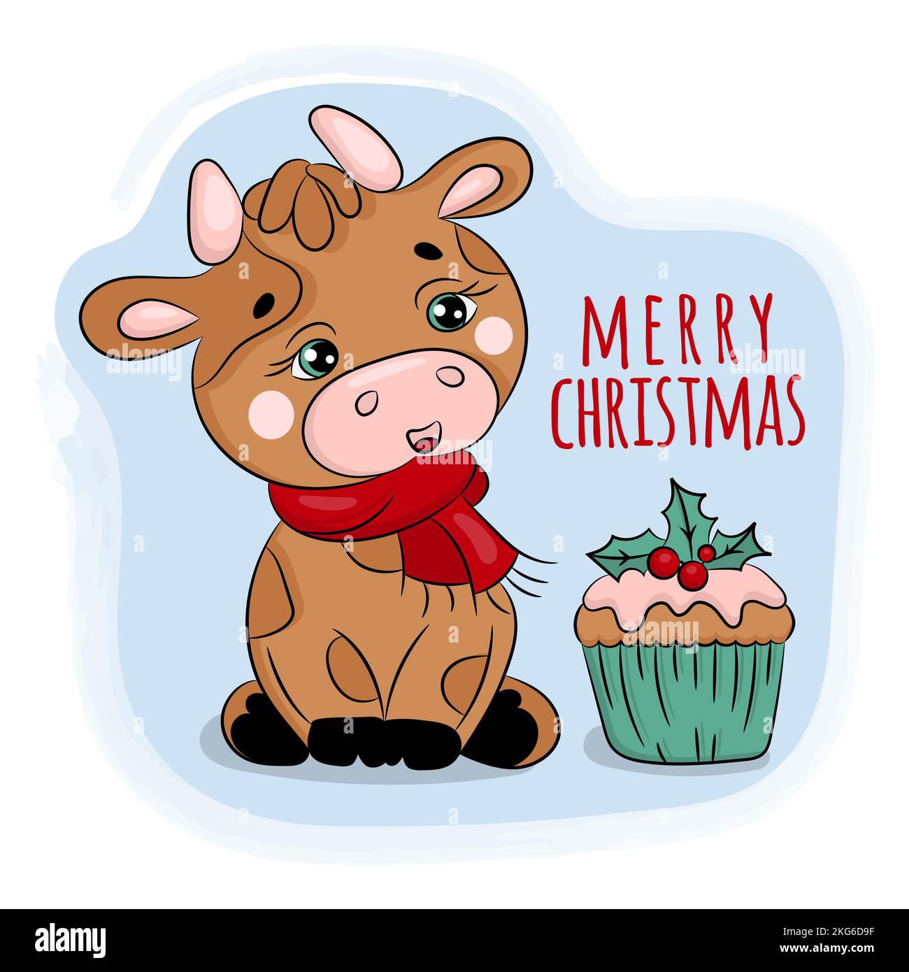 CHRISTMAS BULL AND CAKE ON BLUE BACKGROUND Cute New Year Merry ...