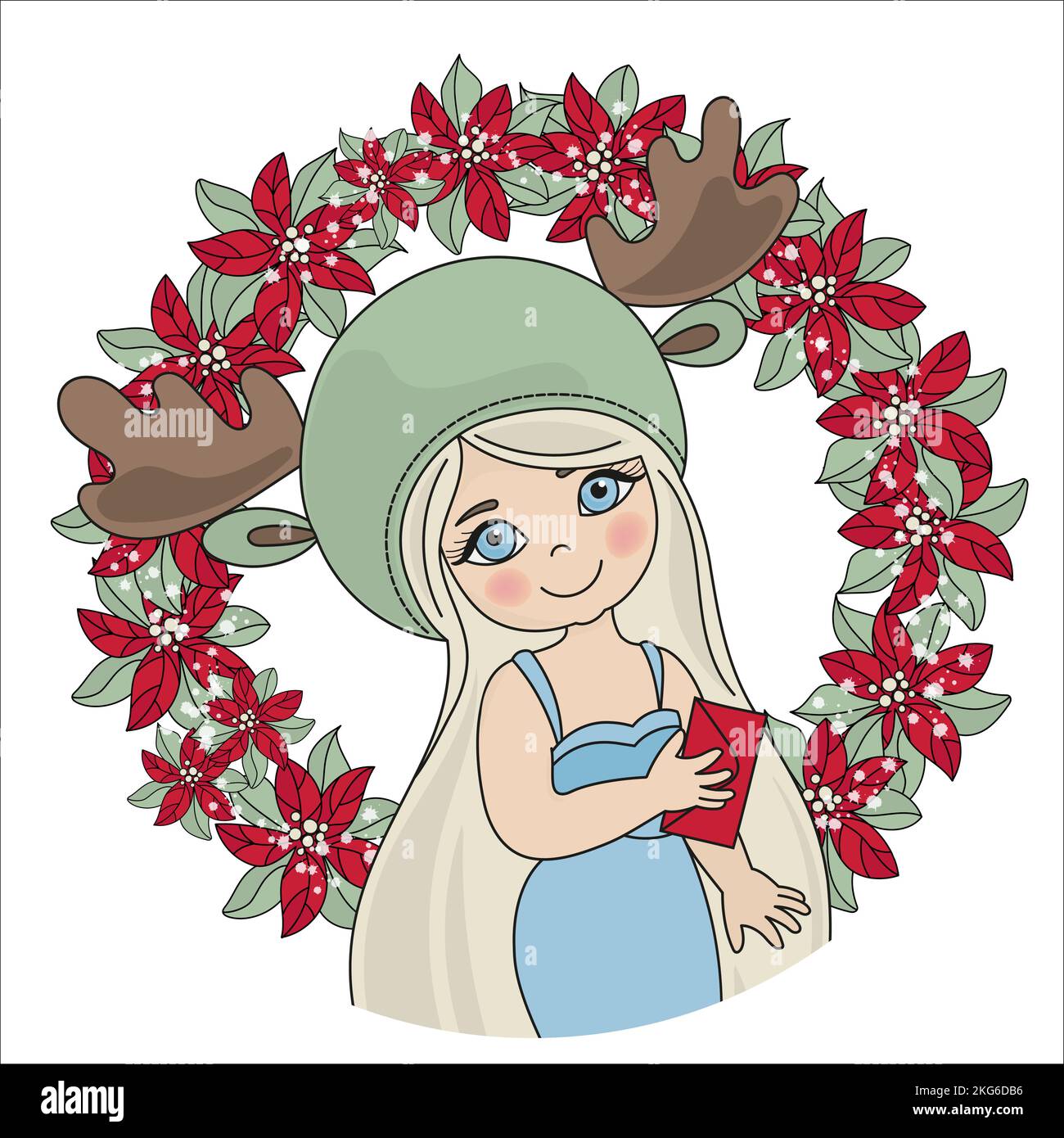 CHRISTMAS GIRL PORTRAIT Flower Wreath Cartoon Holiday Princess Merry ...