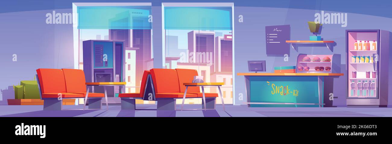 Empty snack bar interior with furniture and food, beverages in fridge ...
