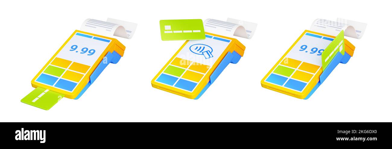 3d render pos terminal, paper check bill and plastic card. Contactless ...