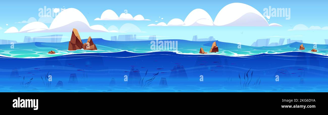 Ocean or sea underwater background cross section view and cloudy sky ...