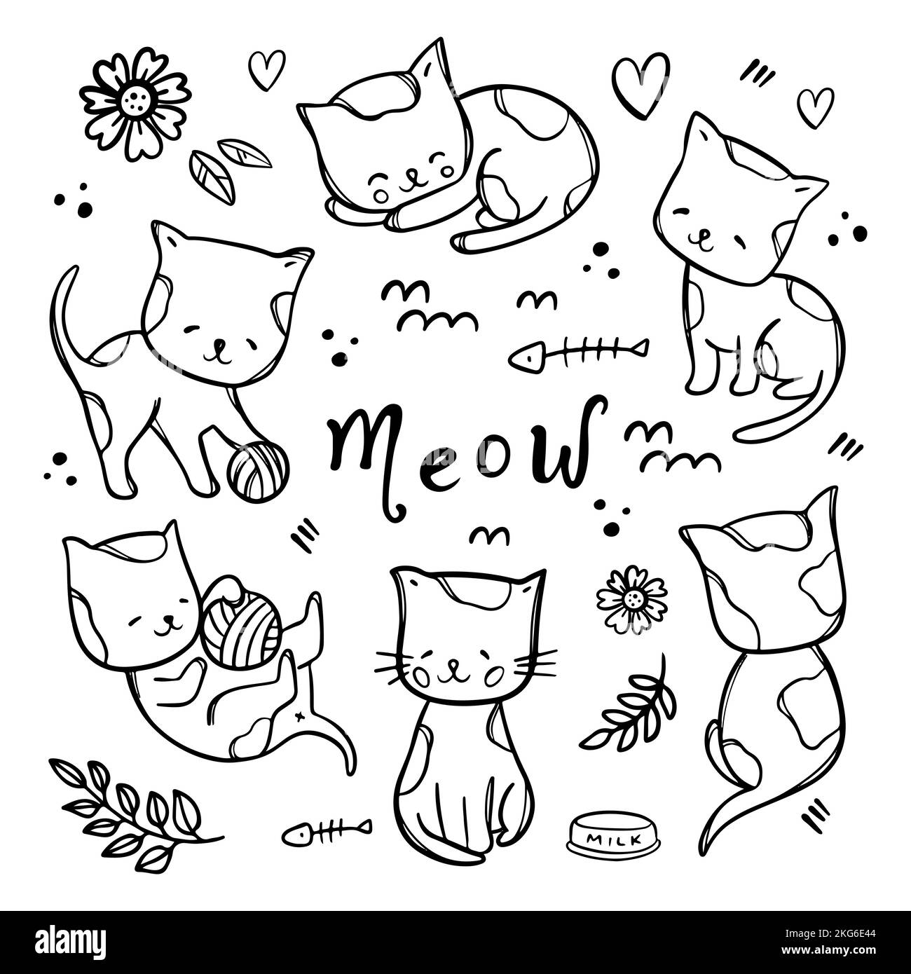 COLORING PAGE KITTIES Cute Cats Babies Sleep And Play With Ball Among ...