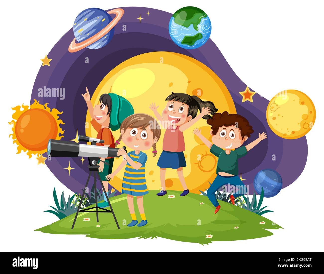 Kids observing planets with telescope illustration Stock Photo - Alamy