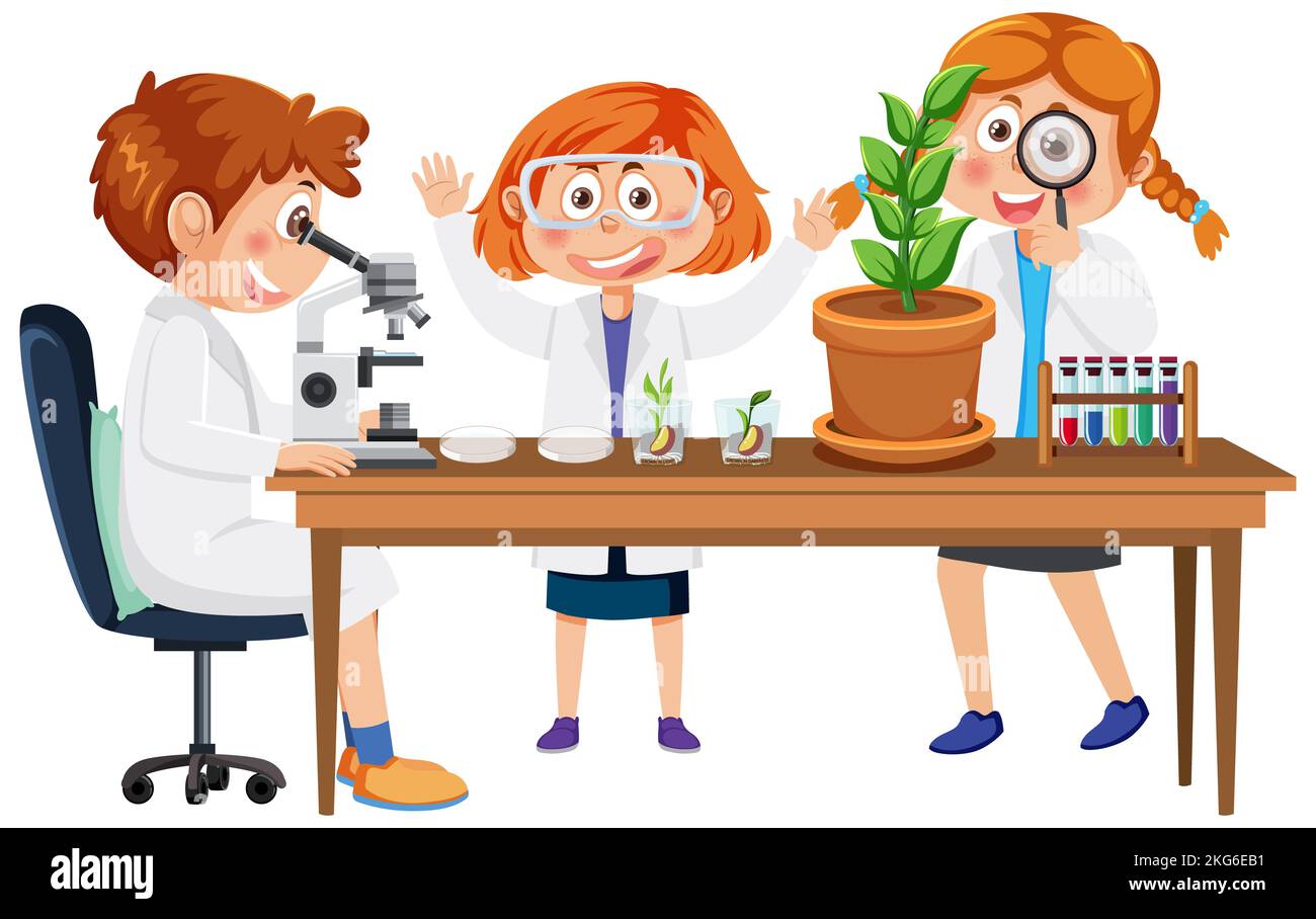 Scientist kids doing chemical experiment illustration Stock Photo - Alamy