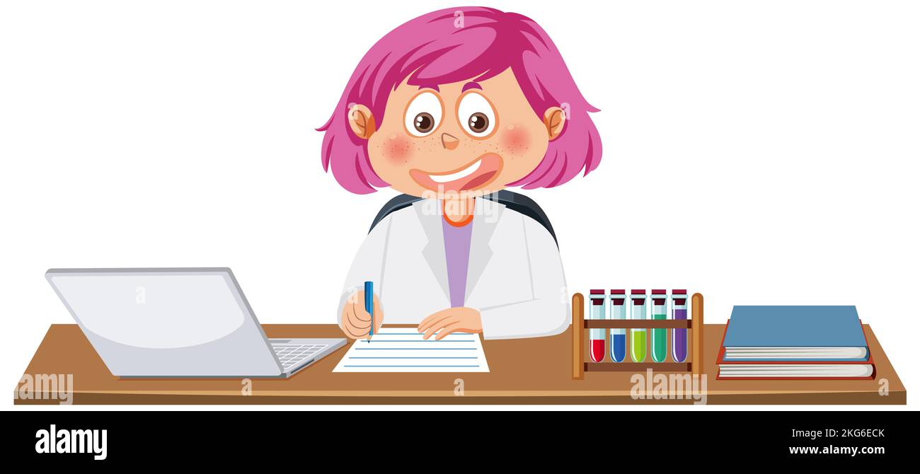 Scientist girl writing on paper illustration Stock Photo - Alamy