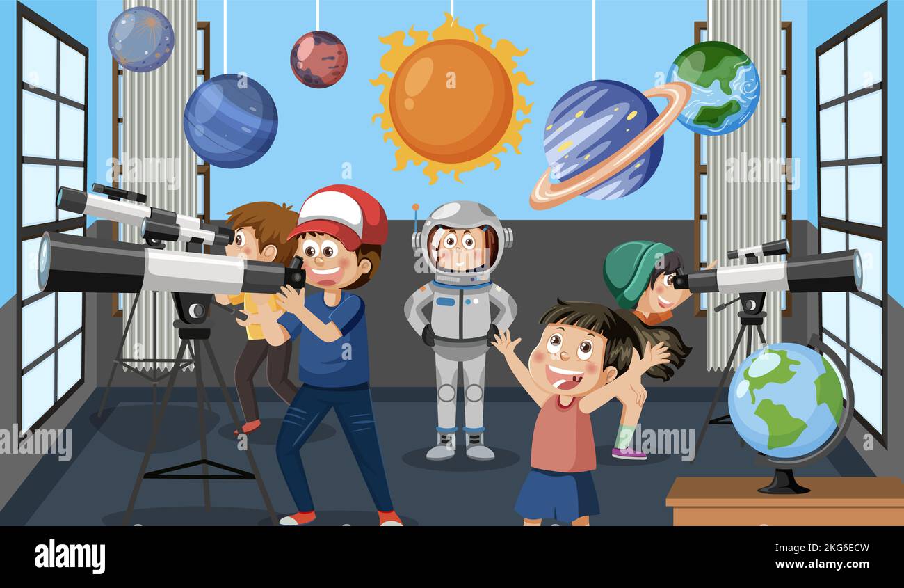 Room scene with kids observing sky illustration Stock Photo - Alamy