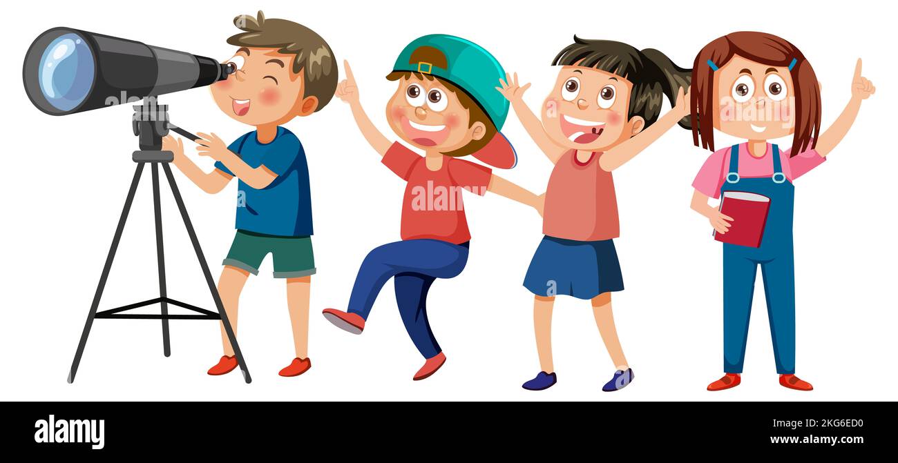 Kids observing the sky with a telescope illustration Stock Photo - Alamy