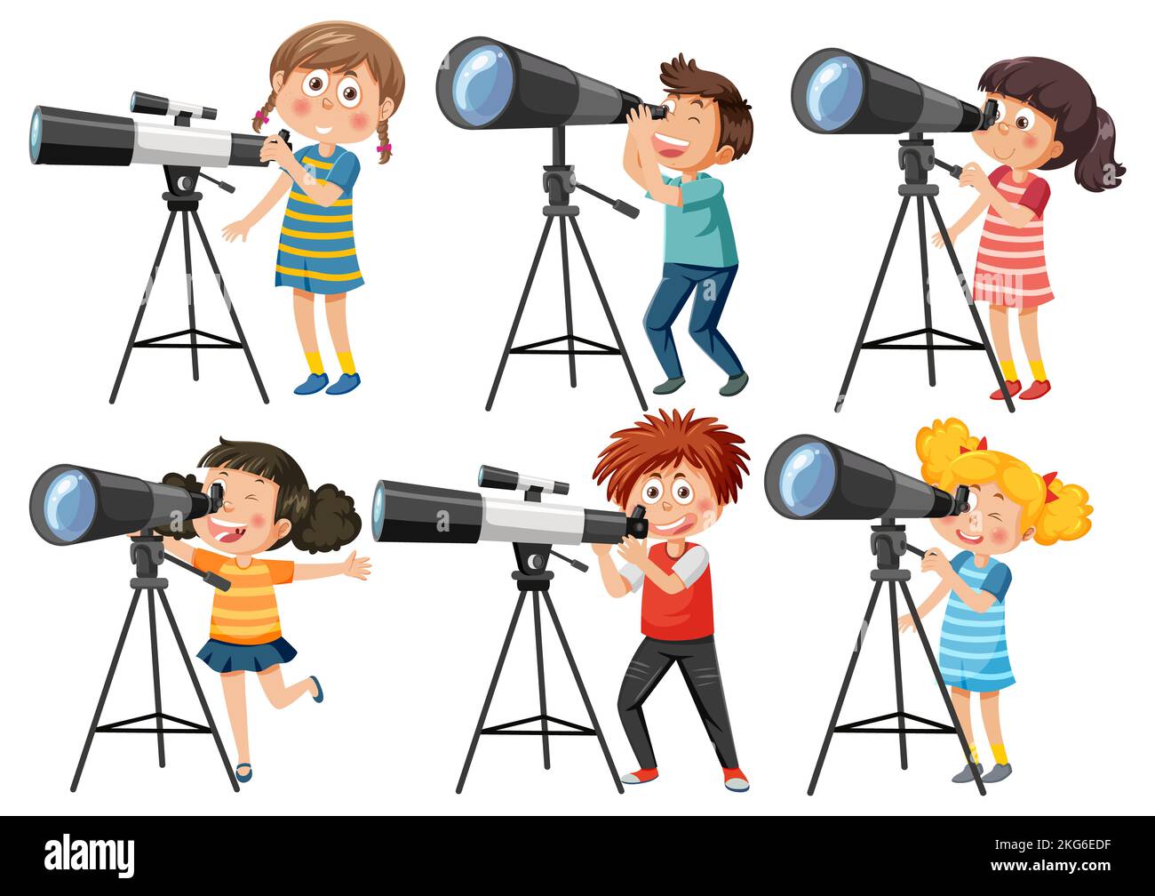 Set of different of kids using telescopes illustration Stock Photo - Alamy