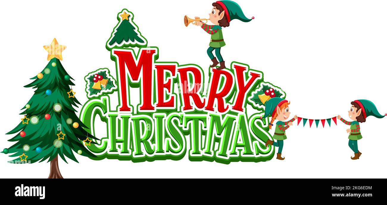 Merry Christmas text with elves cartoon character illustration Stock ...
