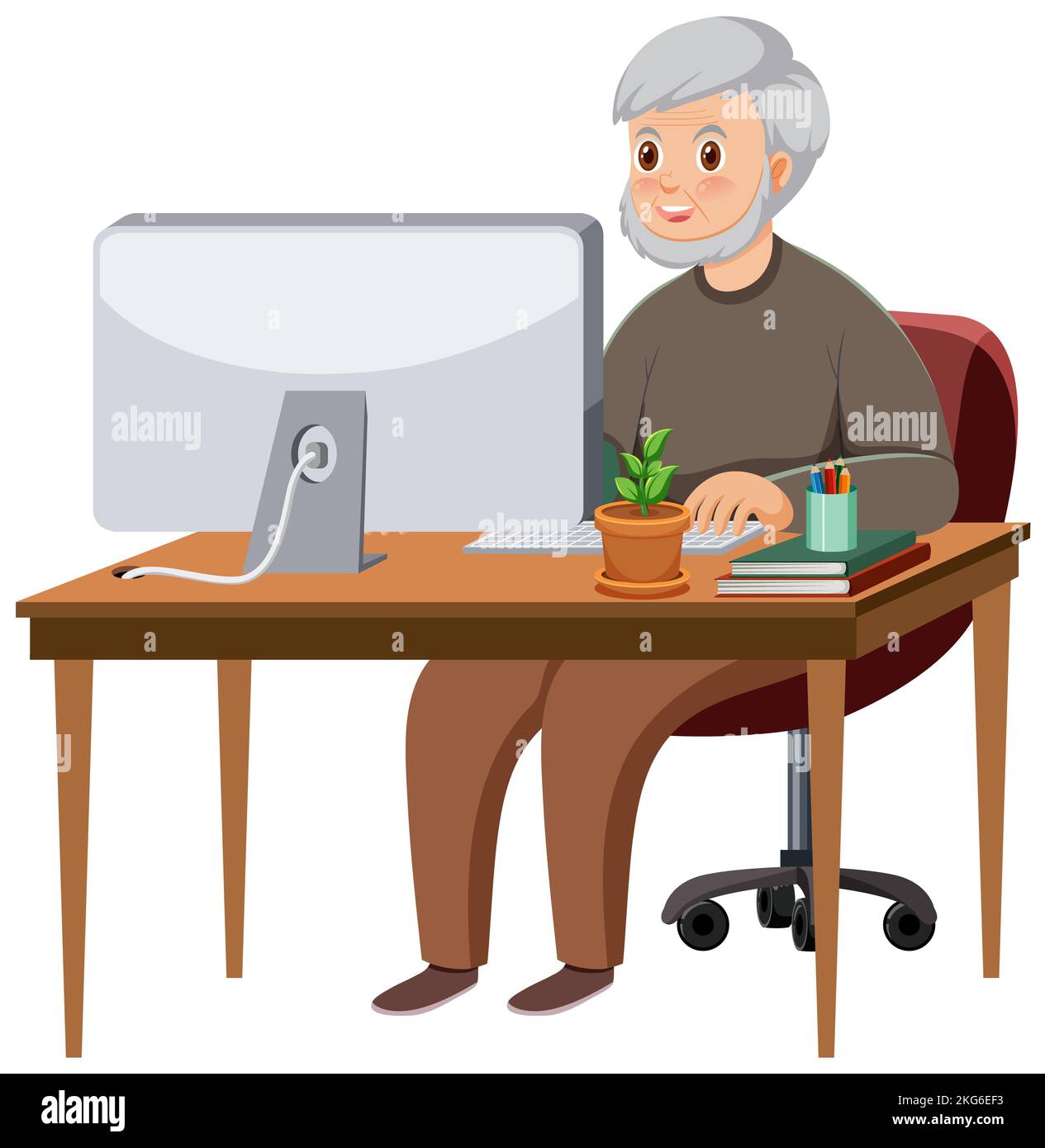 Old man sitting in front of computer illustration Stock Photo - Alamy
