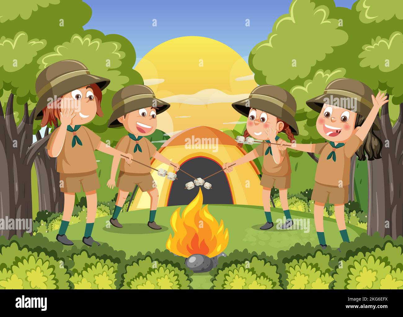 Children camping out forest scene illustration Stock Photo - Alamy