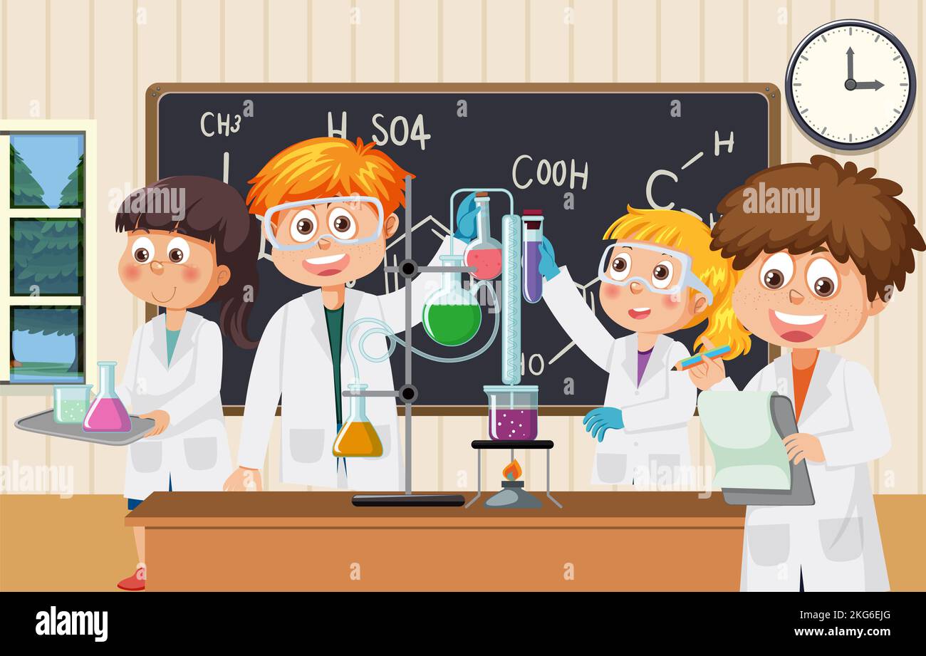 Student kids in science classroom illustration Stock Photo - Alamy