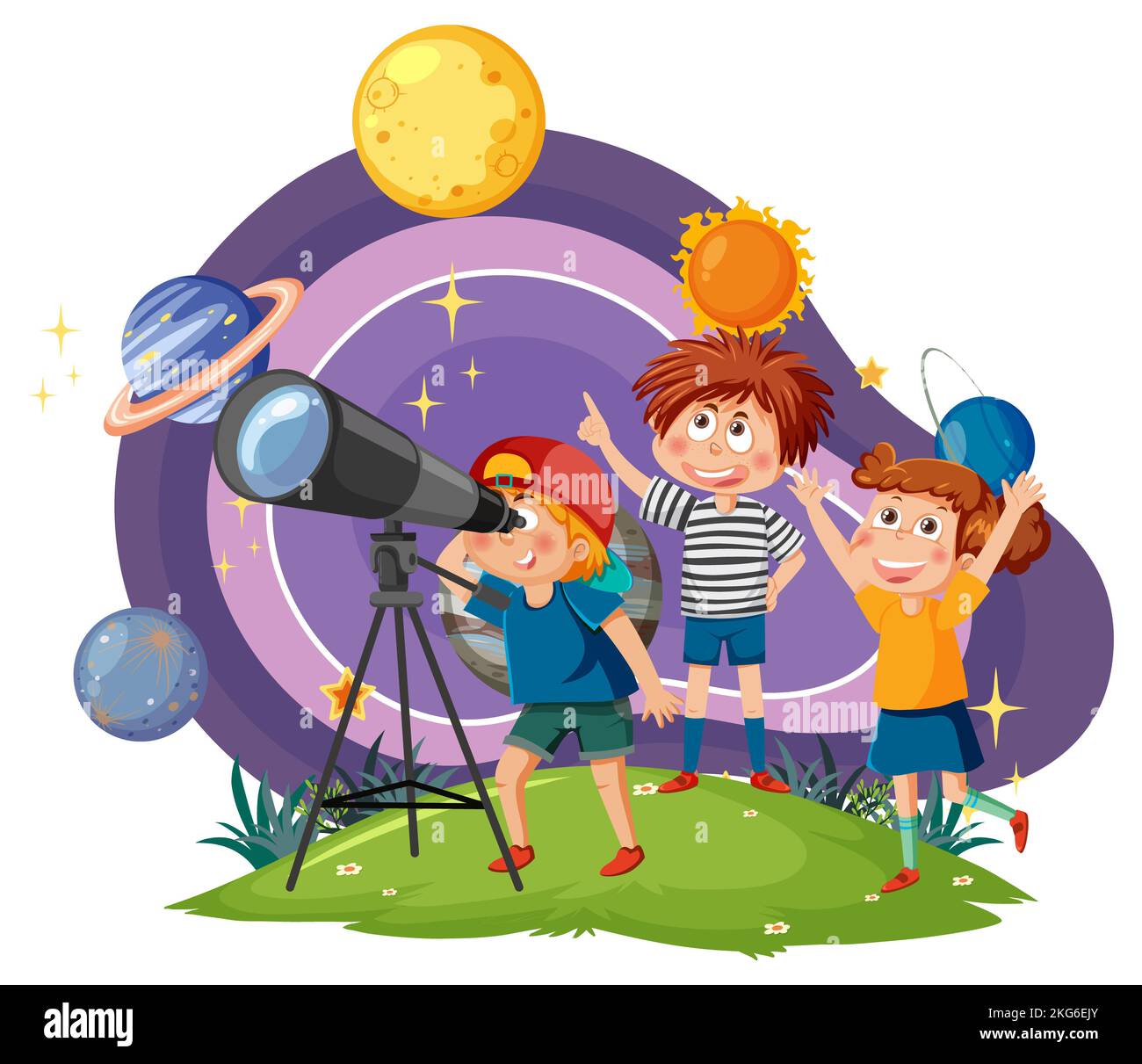 Kids observing planets with telescope illustration Stock Photo - Alamy