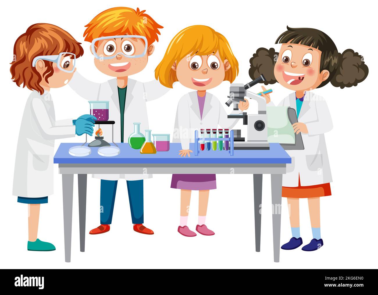 Scientist kids doing chemical experiment illustration Stock Photo - Alamy