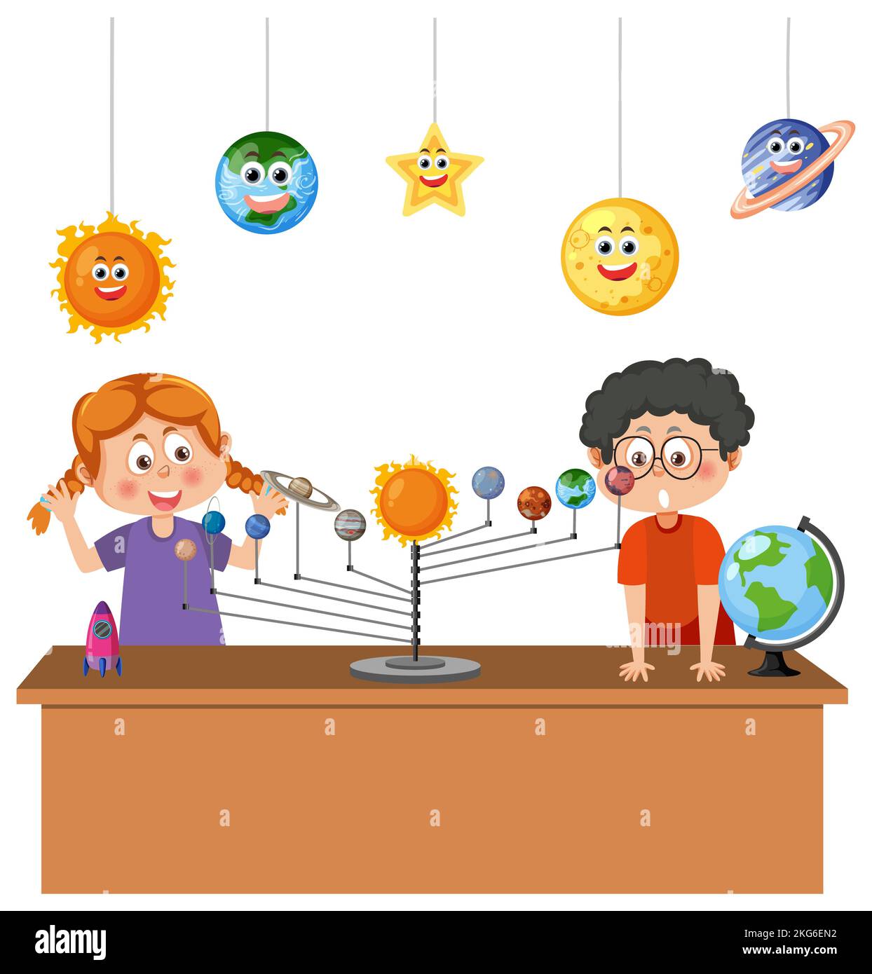 Cartoon kids learning astronomy illustration Stock Photo - Alamy