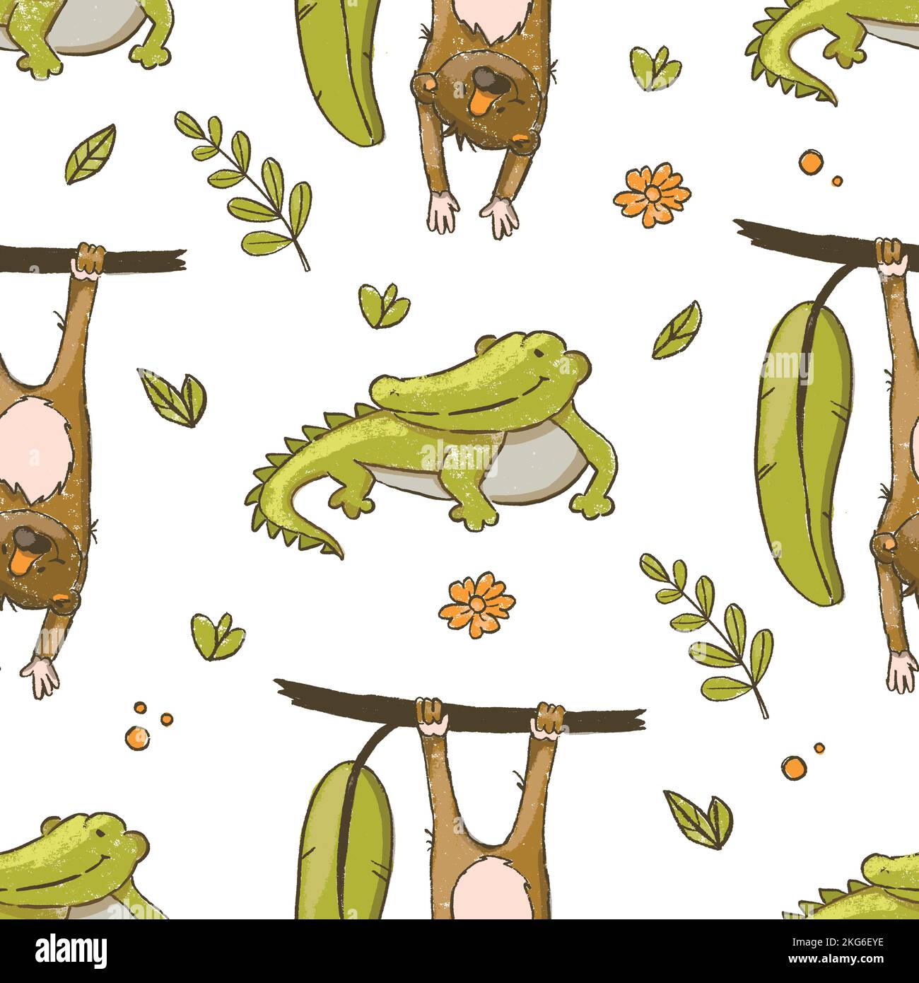 CROCODILE AND MONKEY Cute Cartoon Tropical African Animals Hand Drawn ...