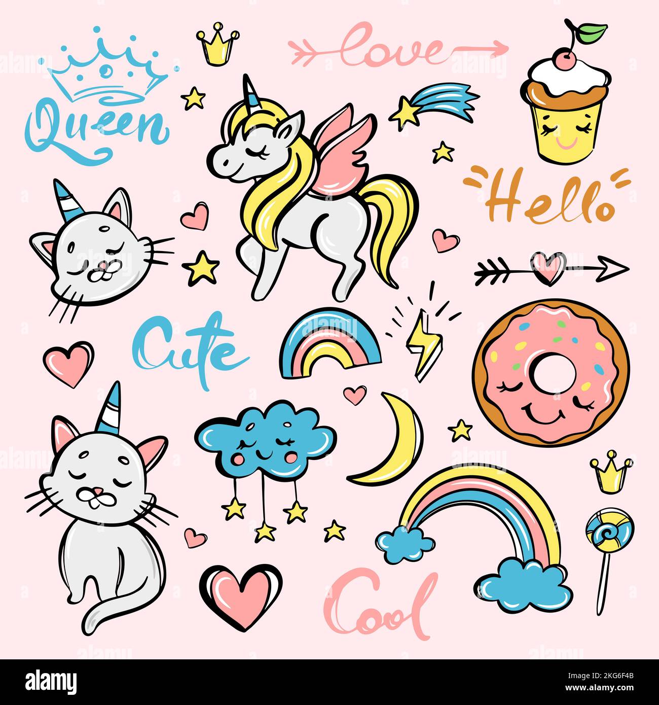 CUTE DOODLE SET CARTOON ANIMALS Hand Drawn Sketch With Animals Sweets ...