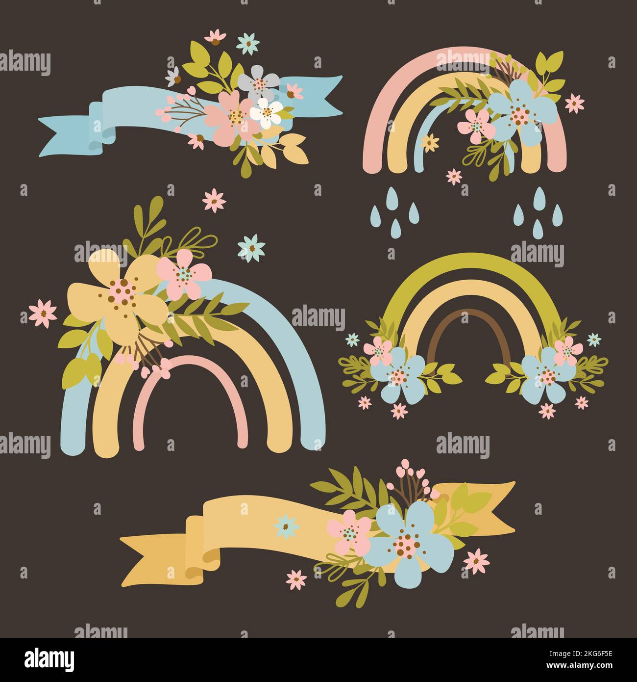 CUTE RAINBOW Floral Hand Drawn Modern Isolated Template Vector ...