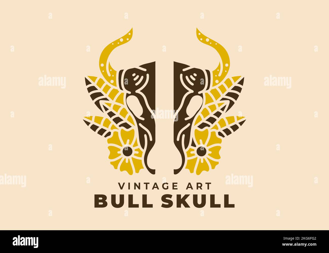 Vintage art illustration design of a bull skull and flowers round it ...