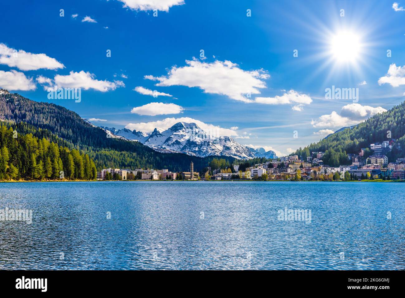 Crystal blue Lake St. Moritz, Sankt Moritz, Maloja Grisons Switzerland ...