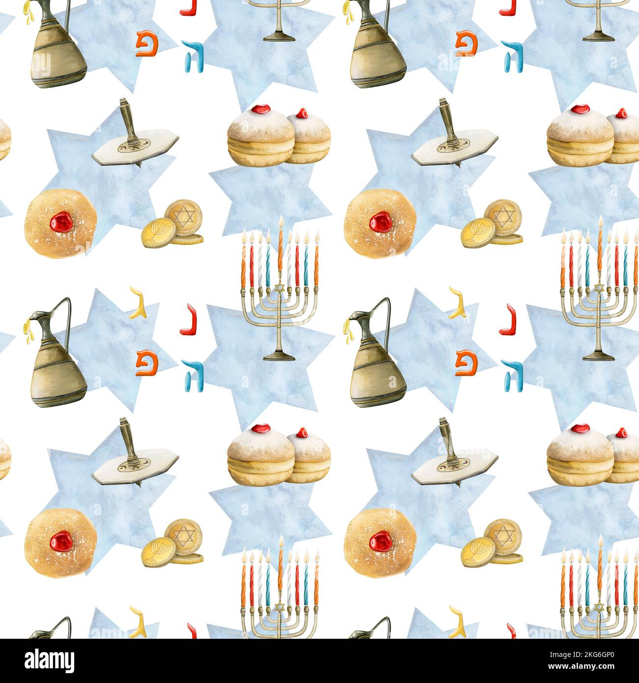 Watercolor Hanukkah seamless pattern with traditional symbols and ...