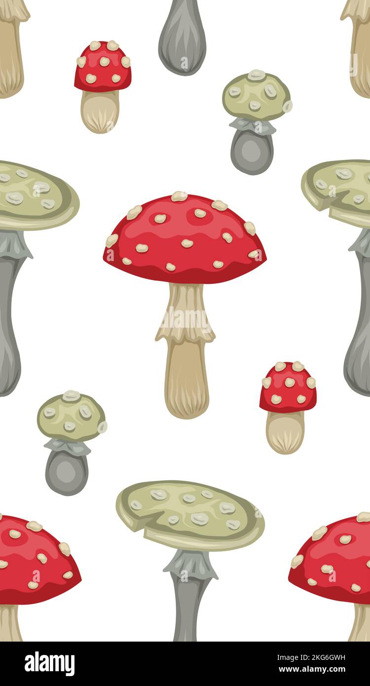 Vector seamless pattern with cartoon poisonous mushrooms on white ...
