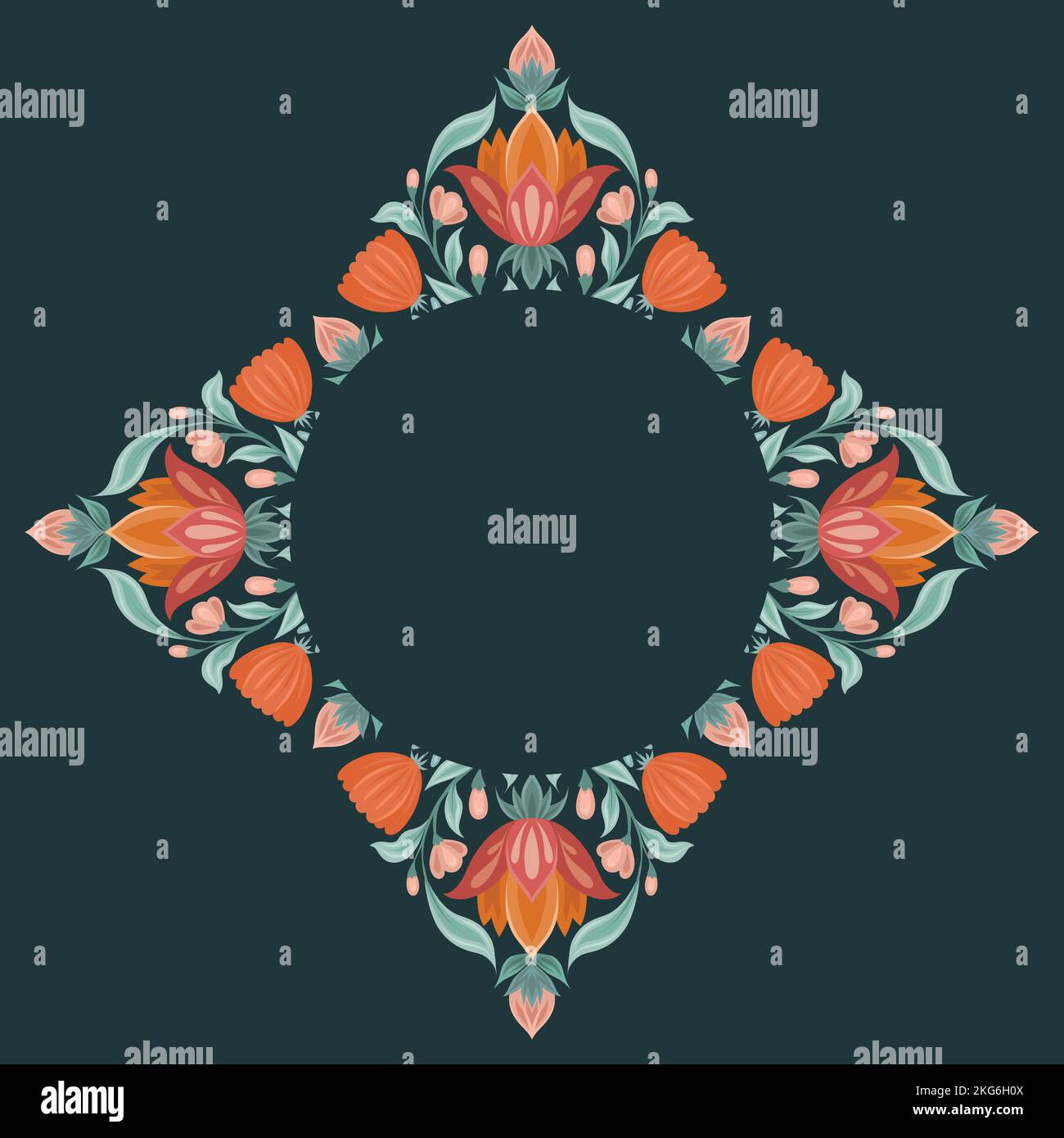 Vector frame with folk art geometric floral mandala and place for text ...