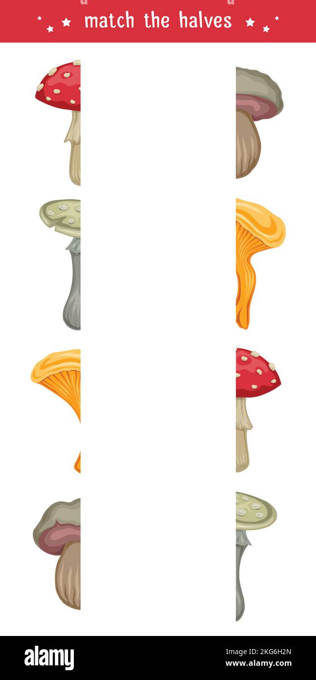 Find right half for fall mushrooms. Vector worksheet template for ...