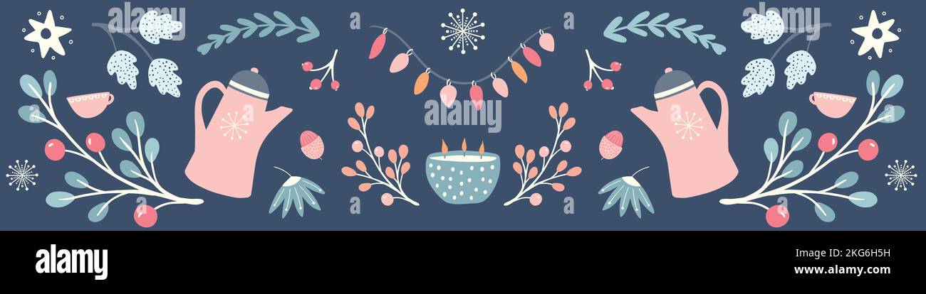 Hygge Autumn and winter illustration border design. Cute and cosy Fall ...