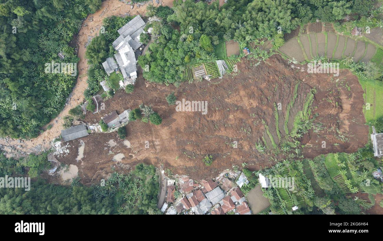 Cianjur. 22nd Nov, 2022. This aerial photo taken on Nov. 22, 2022 shows the site of a landslide ...