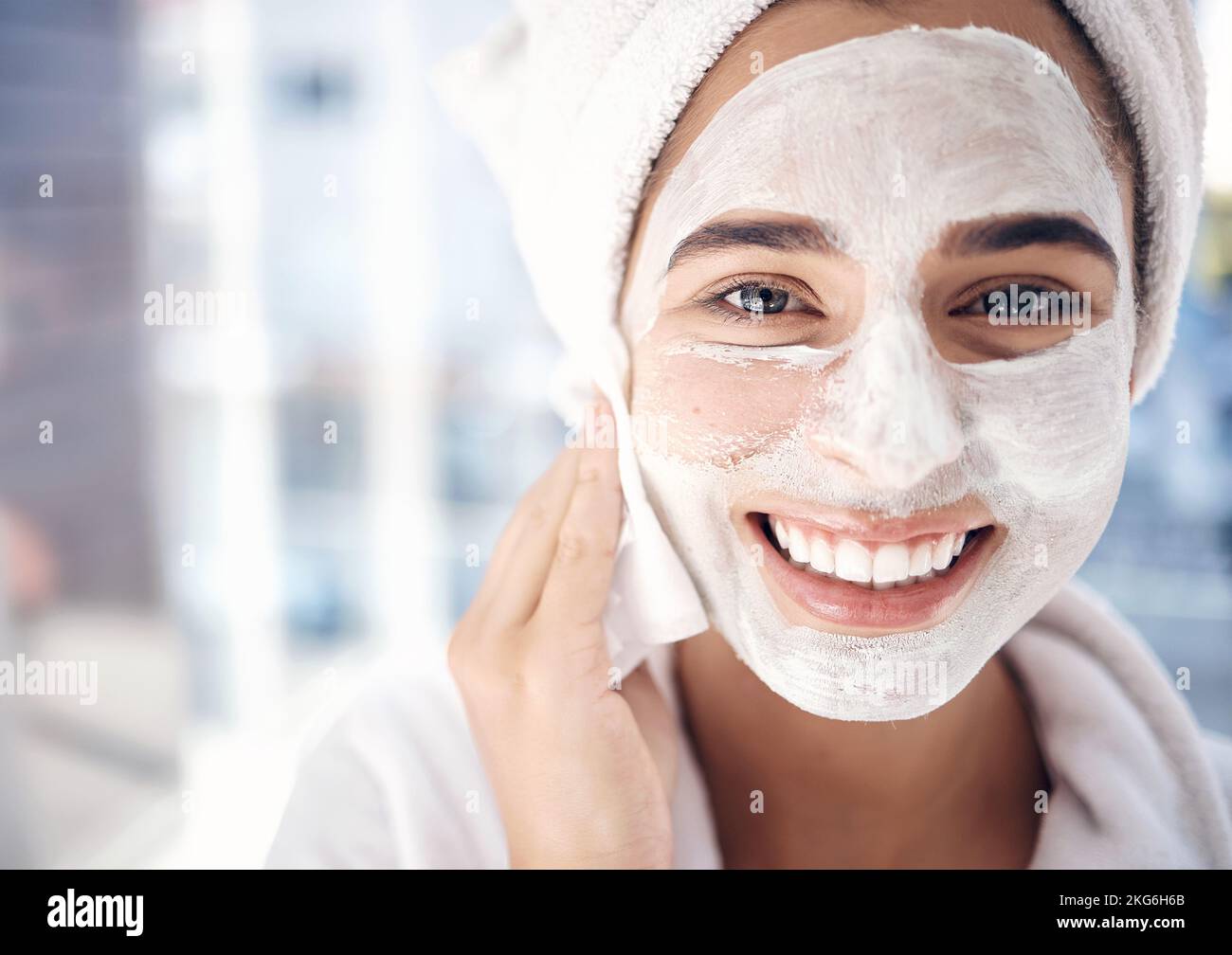 Skincare Facial And Portrait Of Woman In A Bathroom For Cleaning