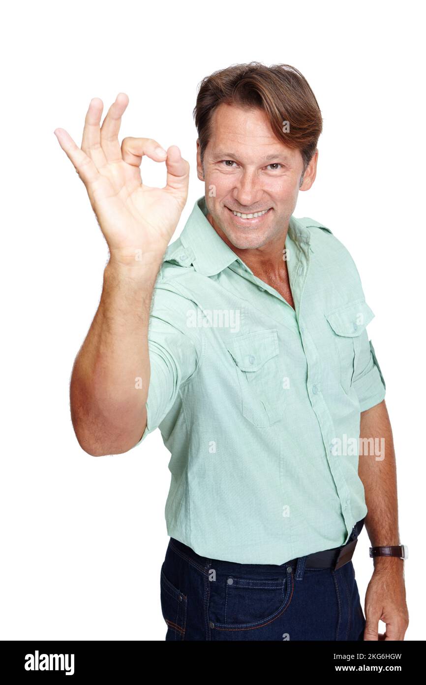 Everything is perfect. An isolated portrait of a happy man gesturing ...