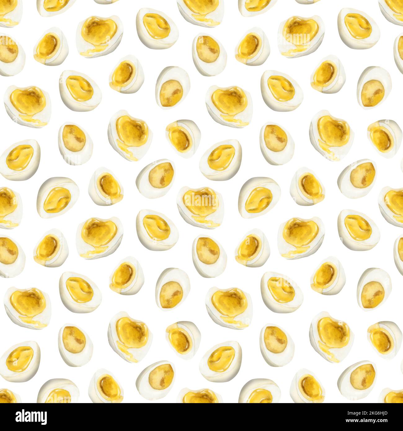 Watercolor seamless food pattern with boiled eggs in a cut on white ...