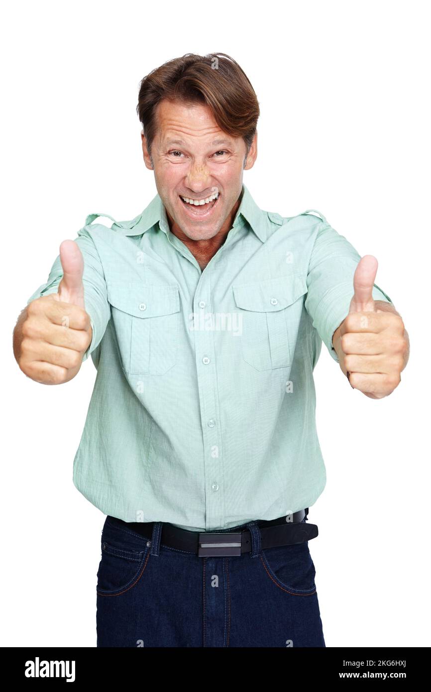 Youve got my seal of approval. An isolated portrait of an ecstatic mid adult man giving two ...